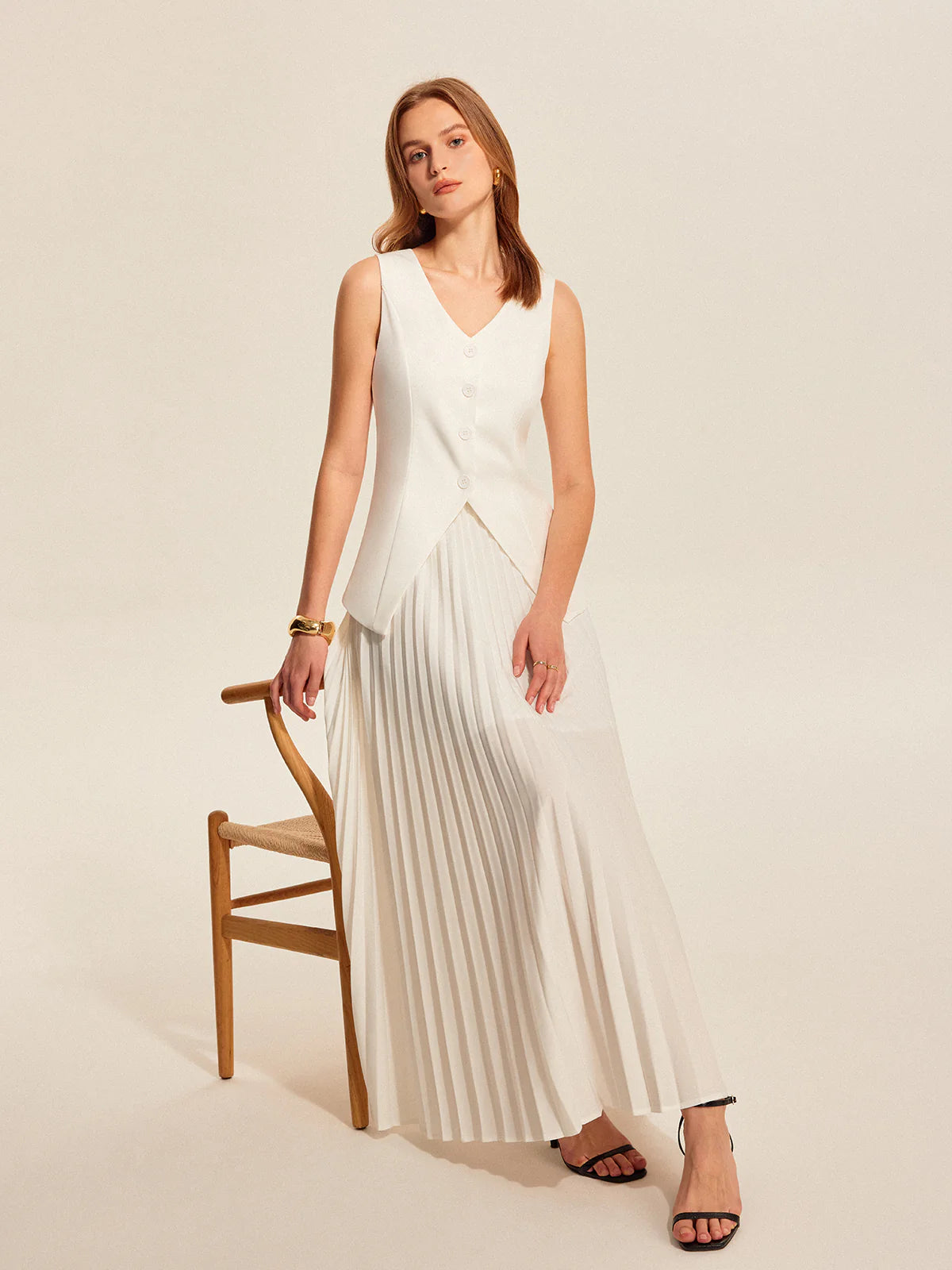 Buttoned Vest Pleated Maxi Skirt Set – Herwick